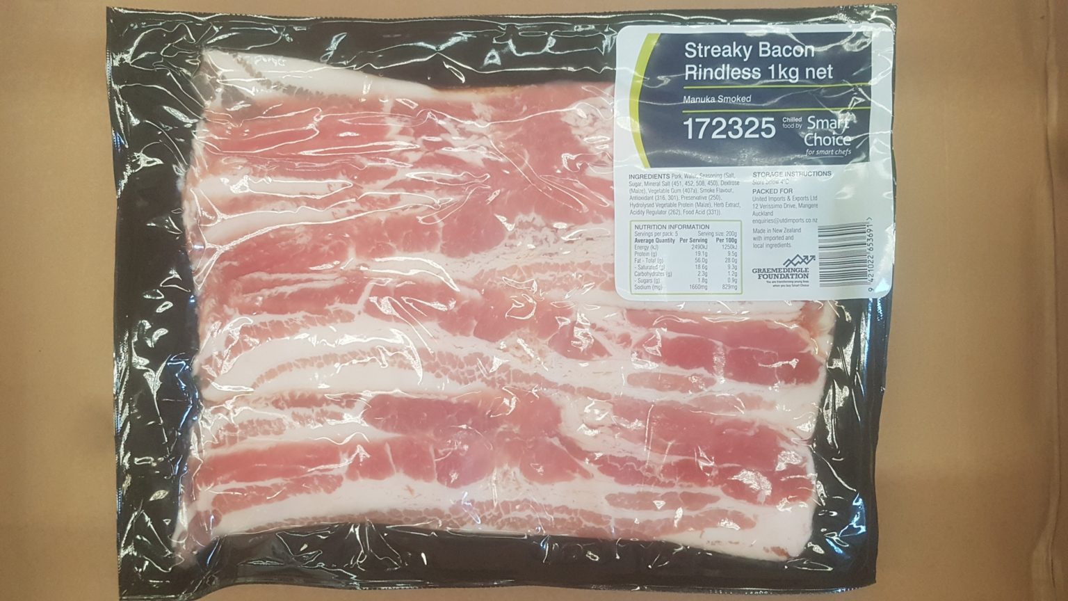 Huttons Middle Bacon - 800gm - Hamilton Wholesale Meat